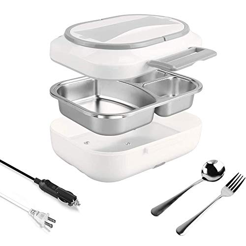 CTSZOOM Electric Lunch Box Food Warmer for Car Truck and Home Portable Food Warmer Heater 3 compartment Container with Spoon and Fork Lunch Box White