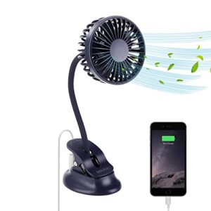 mikikin clip on fan small mini fan, portable usb battery operated fan, rechargeable baby stroller fan, quiet personal desk fan 3 speeds flexible neck great for bed office car dorm travel camping beach