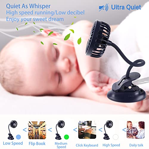 Mikikin Clip on Fan Small Mini Fan, Portable Usb Battery Operated Fan, Rechargeable Baby Stroller Fan, Quiet Personal Desk Fan 3 Speeds Flexible Neck Great for Bed Office Car Dorm Travel Camping Beach