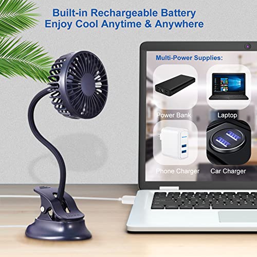 Mikikin Clip on Fan Small Mini Fan, Portable Usb Battery Operated Fan, Rechargeable Baby Stroller Fan, Quiet Personal Desk Fan 3 Speeds Flexible Neck Great for Bed Office Car Dorm Travel Camping Beach