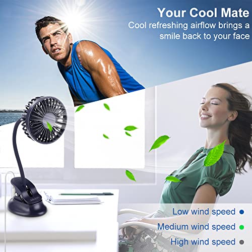 Mikikin Clip on Fan Small Mini Fan, Portable Usb Battery Operated Fan, Rechargeable Baby Stroller Fan, Quiet Personal Desk Fan 3 Speeds Flexible Neck Great for Bed Office Car Dorm Travel Camping Beach