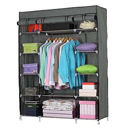 YYAO Portable Clothes Closet Non-Woven Fabric Wardrobe Closet Double Rod 12 Storage Shelves Clothes Organizer Armoire,Gray