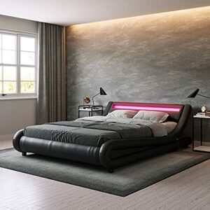 ztozz alvi wave like led bed frame queen size - contemporary modern curved pu upholstered low profile platform bed with designer led lights headboard - black color