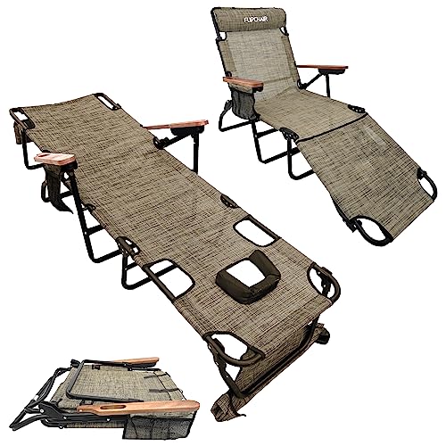 EasyGo Product FFLIP Patio Chaise Lounger Chair Face & Arm Holes 4 Legs Support Textilene Material 6 Position Reclining Head Rest Pillow Beach or Home Use-PATENTS Pending, 1 Pack, Deluxe Tan