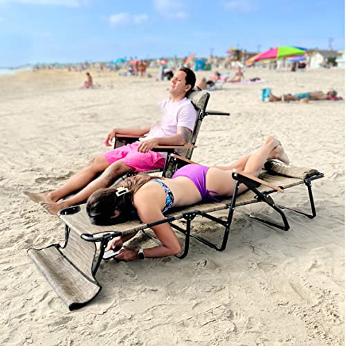 EasyGo Product FFLIP Patio Chaise Lounger Chair Face & Arm Holes 4 Legs Support Textilene Material 6 Position Reclining Head Rest Pillow Beach or Home Use-PATENTS Pending, 1 Pack, Deluxe Tan