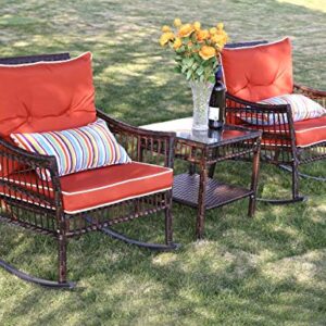 DECMICO Outdoor Rocking Chairs 3 Pieces Patio Conversation Front Porch Furniture, Wicker Rocking Chairs Bistro Set with Glass Coffee Table and Cushions for Garden and Balcony…