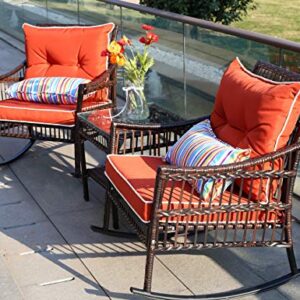 DECMICO Outdoor Rocking Chairs 3 Pieces Patio Conversation Front Porch Furniture, Wicker Rocking Chairs Bistro Set with Glass Coffee Table and Cushions for Garden and Balcony…