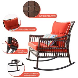 DECMICO Outdoor Rocking Chairs 3 Pieces Patio Conversation Front Porch Furniture, Wicker Rocking Chairs Bistro Set with Glass Coffee Table and Cushions for Garden and Balcony…