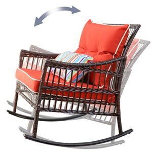 DECMICO Outdoor Rocking Chairs 3 Pieces Patio Conversation Front Porch Furniture, Wicker Rocking Chairs Bistro Set with Glass Coffee Table and Cushions for Garden and Balcony…