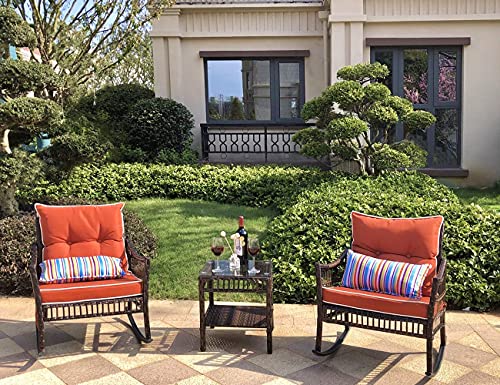 DECMICO Outdoor Rocking Chairs 3 Pieces Patio Conversation Front Porch Furniture, Wicker Rocking Chairs Bistro Set with Glass Coffee Table and Cushions for Garden and Balcony…