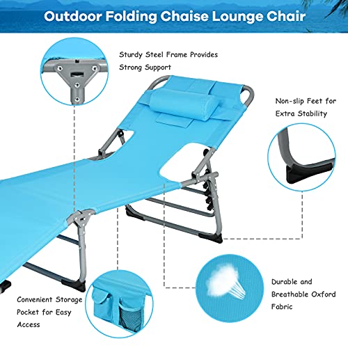 GYMAX Tanning Chair, Folding Beach Lounger with Face Arm Hole, Adjustable Backrest,Side Pocket, Removable Pillow & Carry Handle, Outside Sunbathing Lounge Chair for Patio, Poolside (1, Turquoise)