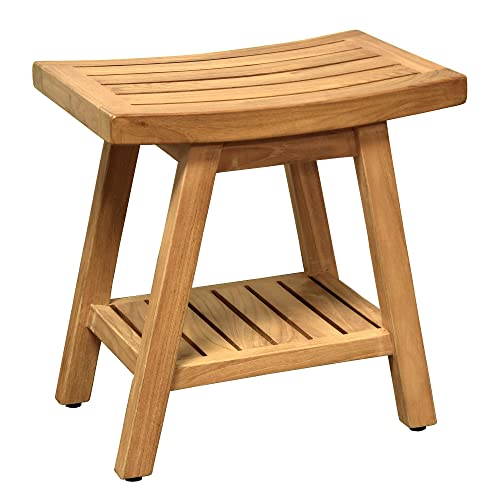 Asta Saba Solid Teak Indoor Outdoor Shower/Bath/Spa Stool Bench with Bottom Shelf, Fully Assembled, TB-115A