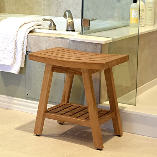 Asta Saba Solid Teak Indoor Outdoor Shower/Bath/Spa Stool Bench with Bottom Shelf, Fully Assembled, TB-115A