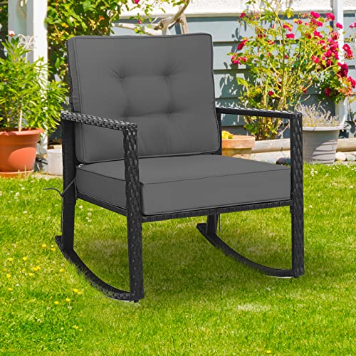 Tangkula Wicker Rocking Chair, Outdoor Glider Rattan Rocker Chair with Heavy-Duty Steel Frame, Patio Wicker Furniture Seat with 5” Thick Cushion for Garden, Porch, Backyard, Poolside (1, Gray)