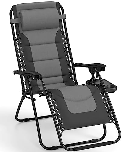 MFSTUDIO Zero Gravity Chairs, Patio Recliner Chair, Padded Folding Lawn Chair with Cup Holder Tray,Grey