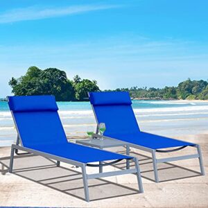 domi outdoor living Patio Chaise Lounge Set (2022 New) -3 Pieces Adjustable Backrest Pool Lounge Chairs Steel Textilene Sunbathing Recliner with Headrest (Blue)