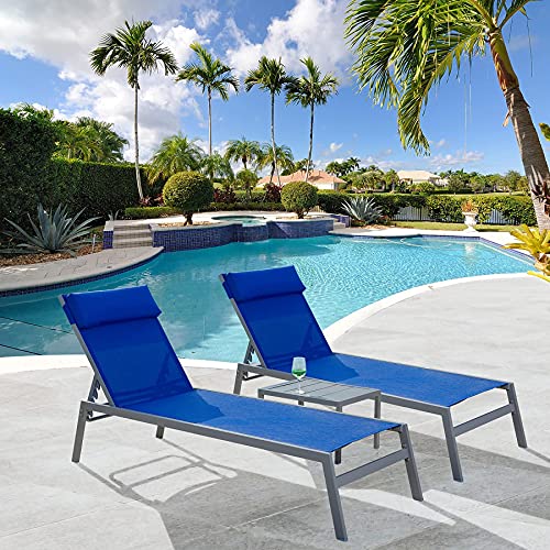 domi outdoor living Patio Chaise Lounge Set (2022 New) -3 Pieces Adjustable Backrest Pool Lounge Chairs Steel Textilene Sunbathing Recliner with Headrest (Blue)