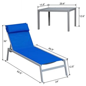 domi outdoor living Patio Chaise Lounge Set (2022 New) -3 Pieces Adjustable Backrest Pool Lounge Chairs Steel Textilene Sunbathing Recliner with Headrest (Blue)