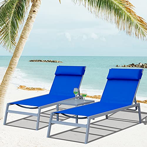 domi outdoor living Patio Chaise Lounge Set (2022 New) -3 Pieces Adjustable Backrest Pool Lounge Chairs Steel Textilene Sunbathing Recliner with Headrest (Blue)