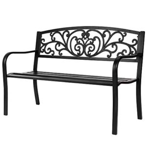 vingli 50" patio park garden bench outdoor metal benches,cast iron steel frame chair front porch path yard lawn decor deck furniture for 2-3 person seat