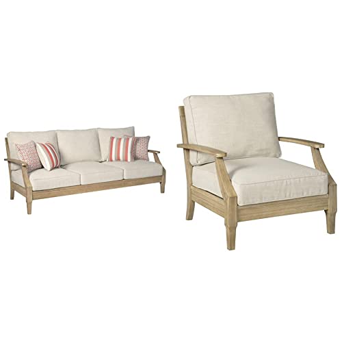 Signature Design by Ashley Clare View Coastal Outdoor Patio Eucalyptus Sofa with Cushions, Beige & Clare View Outdoor Eucalyptus Wood Single Cushioned Lounge Chair, Beige