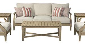 Signature Design by Ashley Clare View Coastal Outdoor Patio Eucalyptus Sofa with Cushions, Beige & Clare View Outdoor Eucalyptus Wood Single Cushioned Lounge Chair, Beige