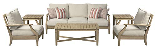 Signature Design by Ashley Clare View Coastal Outdoor Patio Eucalyptus Sofa with Cushions, Beige & Clare View Outdoor Eucalyptus Wood Single Cushioned Lounge Chair, Beige