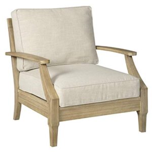 Signature Design by Ashley Clare View Coastal Outdoor Patio Eucalyptus Sofa with Cushions, Beige & Clare View Outdoor Eucalyptus Wood Single Cushioned Lounge Chair, Beige