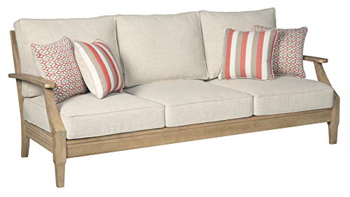 Signature Design by Ashley Clare View Coastal Outdoor Patio Eucalyptus Sofa with Cushions, Beige & Clare View Outdoor Eucalyptus Wood Single Cushioned Lounge Chair, Beige