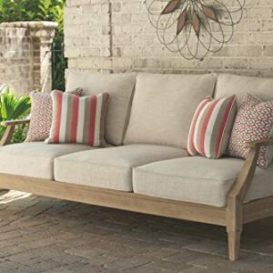 Signature Design by Ashley Clare View Coastal Outdoor Patio Eucalyptus Sofa with Cushions, Beige & Clare View Outdoor Eucalyptus Wood Single Cushioned Lounge Chair, Beige