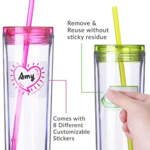 Cupture Skinny Acrylic Tumbler Cups with Straws - 18 oz, 8 Pack (Assorted Colors)