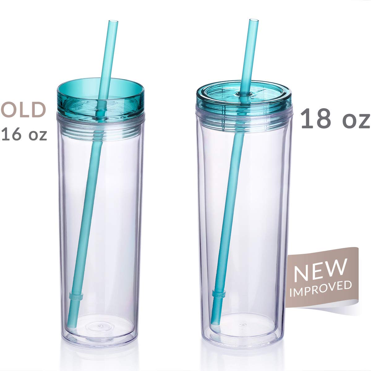 Cupture Skinny Acrylic Tumbler Cups with Straws - 18 oz, 8 Pack (Assorted Colors)