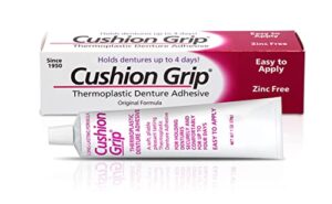 cushion grip thermoplastic denture adhesive for refitting and tightening loose dentures [not a glue adhesive, acts like a soft reliner] (1 oz) hold dentures for up to 4 days.