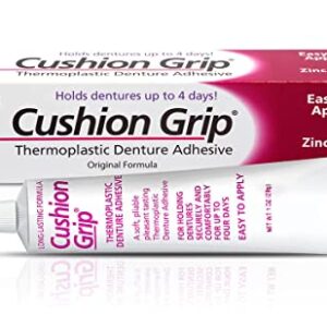 Cushion Grip Thermoplastic Denture Adhesive for Refitting and Tightening Loose Dentures [Not a Glue Adhesive, Acts Like a Soft Reliner] (1 Oz) Hold Dentures for Up to 4 Days.