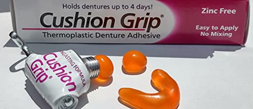 Cushion Grip Thermoplastic Denture Adhesive for Refitting and Tightening Loose Dentures [Not a Glue Adhesive, Acts Like a Soft Reliner] (1 Oz) Hold Dentures for Up to 4 Days.