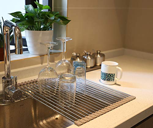 Ahyuan Roll up Dish Drying Rack Over The Sink Dish Drying Rack Roll-up Drying Rack Sink Drying Rack Dish Racks for Kitchen Counter Camper Accessories (Warm Gray, 13.8''Wx17.7''L)