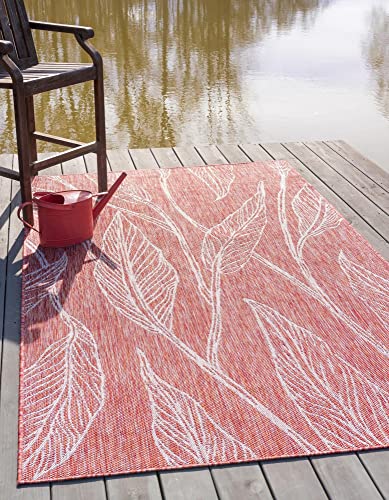 Unique Loom Outdoor Botanical Collection Area Rug - Leaf (7' 1" x 10' Rectangle, Rust Red/ Gray)