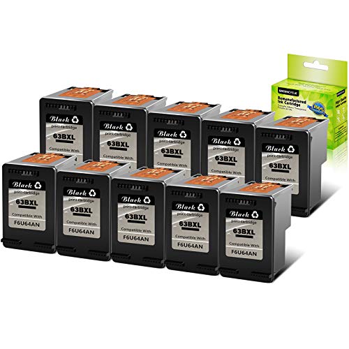 greencycle Re-Manufactured 63XL 63BXL Ink Cartridge Compatible for HP HP Envy 4510 4528 OfficeJet 4658 5255 5258 DeskJet 1110 2130 3636 All-in-One Printer, with New Version chip (Black, 10 Pack)