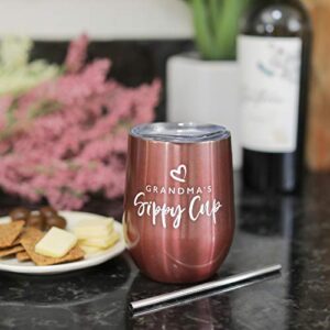 Grandma Gift Insulated Wine Tumbler - 12oz with Steel Straw, BPA Free Lid, Straw Cleaning Brush - Stainless Steel Wine Tumbler - Grandma's Sippy Cup