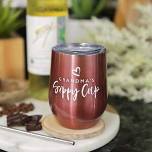 Grandma Gift Insulated Wine Tumbler - 12oz with Steel Straw, BPA Free Lid, Straw Cleaning Brush - Stainless Steel Wine Tumbler - Grandma's Sippy Cup