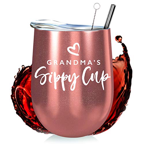 Grandma Gift Insulated Wine Tumbler - 12oz with Steel Straw, BPA Free Lid, Straw Cleaning Brush - Stainless Steel Wine Tumbler - Grandma's Sippy Cup