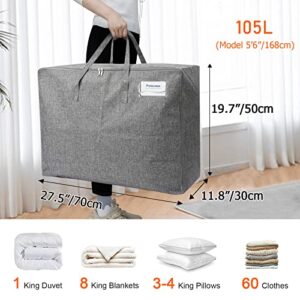 Polecasa 105L Extra Large Reusable Storage Bag with Strong Handles & Zippers, Heavy Duty Washable Moving Bags, Waterproof Closet, Underbed Organizer for Blanket, Comforter, Pillow, No Smell, Grey