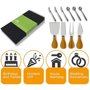 IMANYA 10 Pieces Cheese Knives Set 4 Pieces Stainless Steel Cheese Knives with bamboo handle, 6 Pieces Forks and Spoons – Fancy Gifts For Housewarming, Birthday, Wedding, Thanksgiving & Christmas