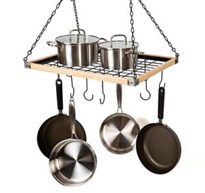 soduku pot pan rack with shelf grid, ceiling mounted hanging multi-purpose wood & metal cookware hanger organizer kitchen storage with 10 hooks