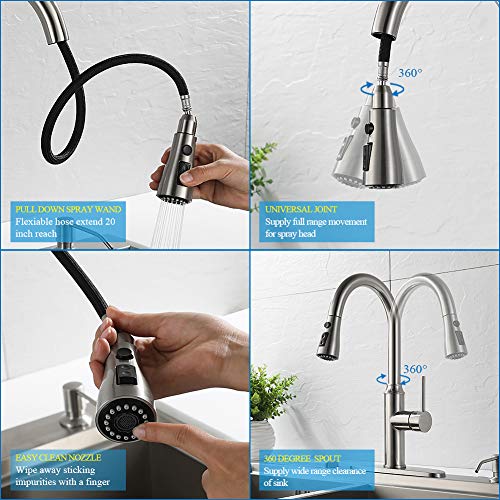 Kitchen Faucet Pull Down-Arofa A01LY Commercial Modern Single Hole Single Handle high arc Stainless Steel Brushed Nickel Kitchen Sink faucets with Pull Out Sprayer