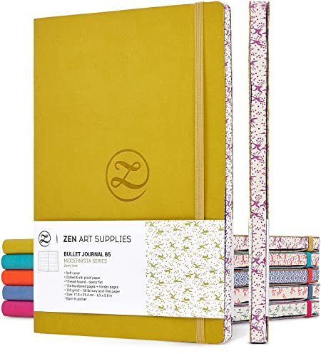 ZenART Faux Leather Dotted Journal - B5 Sized, 7 x 10-inch, Notebook with Vibrant Colors, Japanese Edge Motif - Lay Flat, with Grid for Journaling