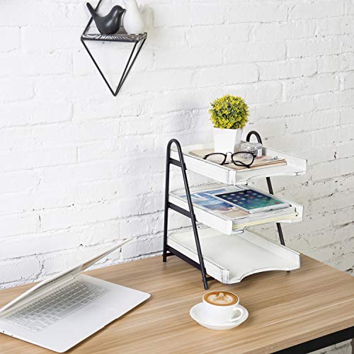 MyGift 3-Tier Vintage White Wood Desktop Document Tray, Office File Folder Desk Organizer Rack