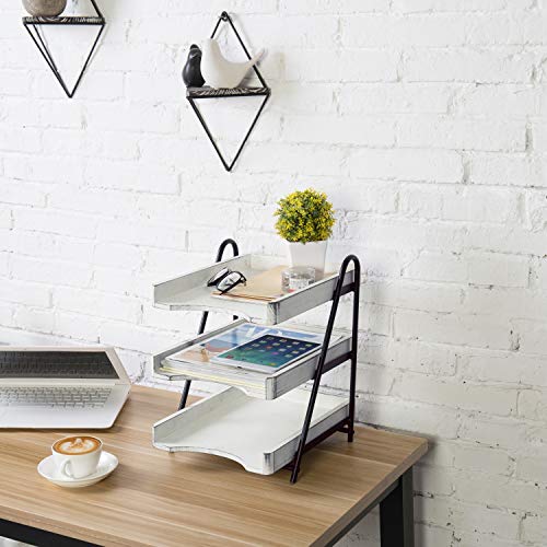 MyGift 3-Tier Vintage White Wood Desktop Document Tray, Office File Folder Desk Organizer Rack