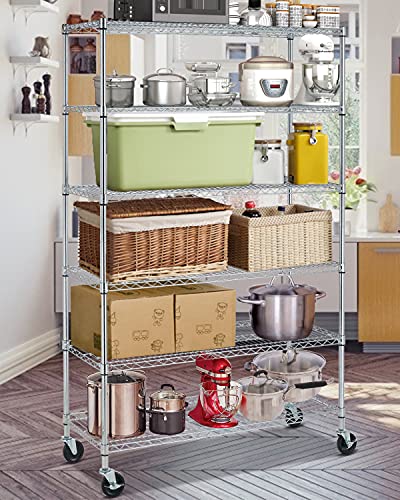 Storage Shelves Wire Shelving Unit Garage Shelving with Wheels Heavy Duty NSF Height Adjustable Steel Commercial Grade Metal Shelving with Castors, 6000 Weight Capacity, for Kitchen Basement Pantry