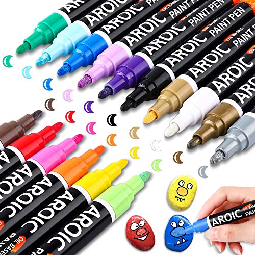 AROIC Paint Pens Paint Markers, 16 colors Oil-Based Waterproof Paint Marker Pen Set On Rock, Wood, Fabric, Metal, Plastic, Glass, Canvas, Mugs, Waterproof, DIY Craft and More